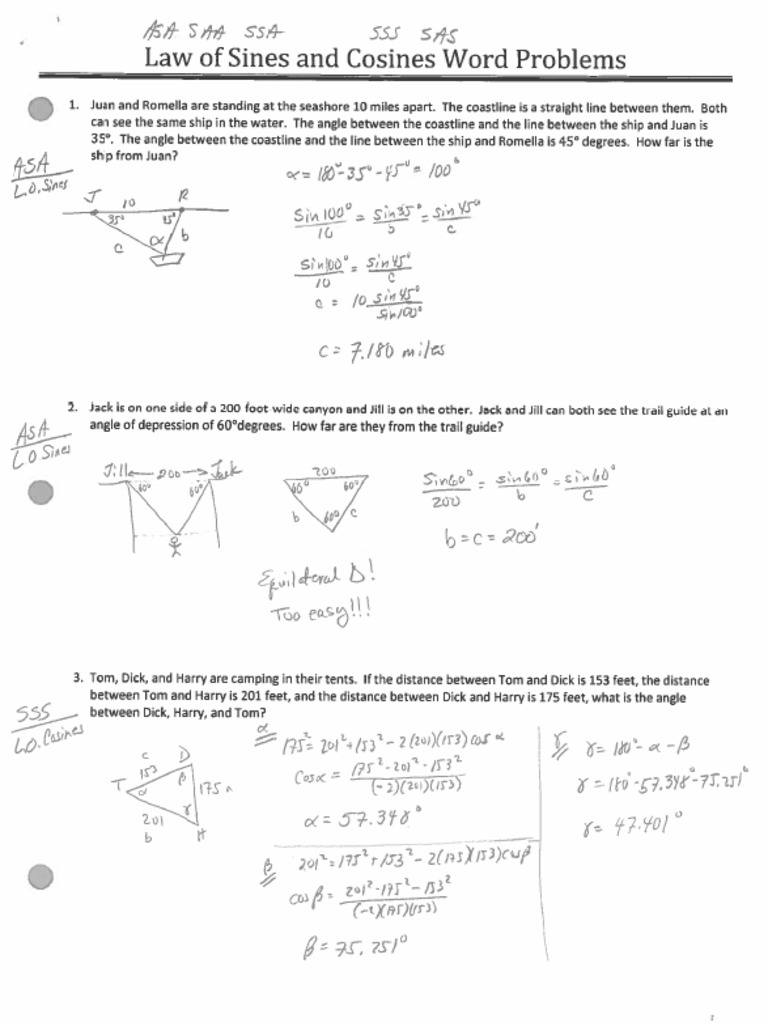 Law of Sines and Cosines Word Problems - Answer Key | PDF