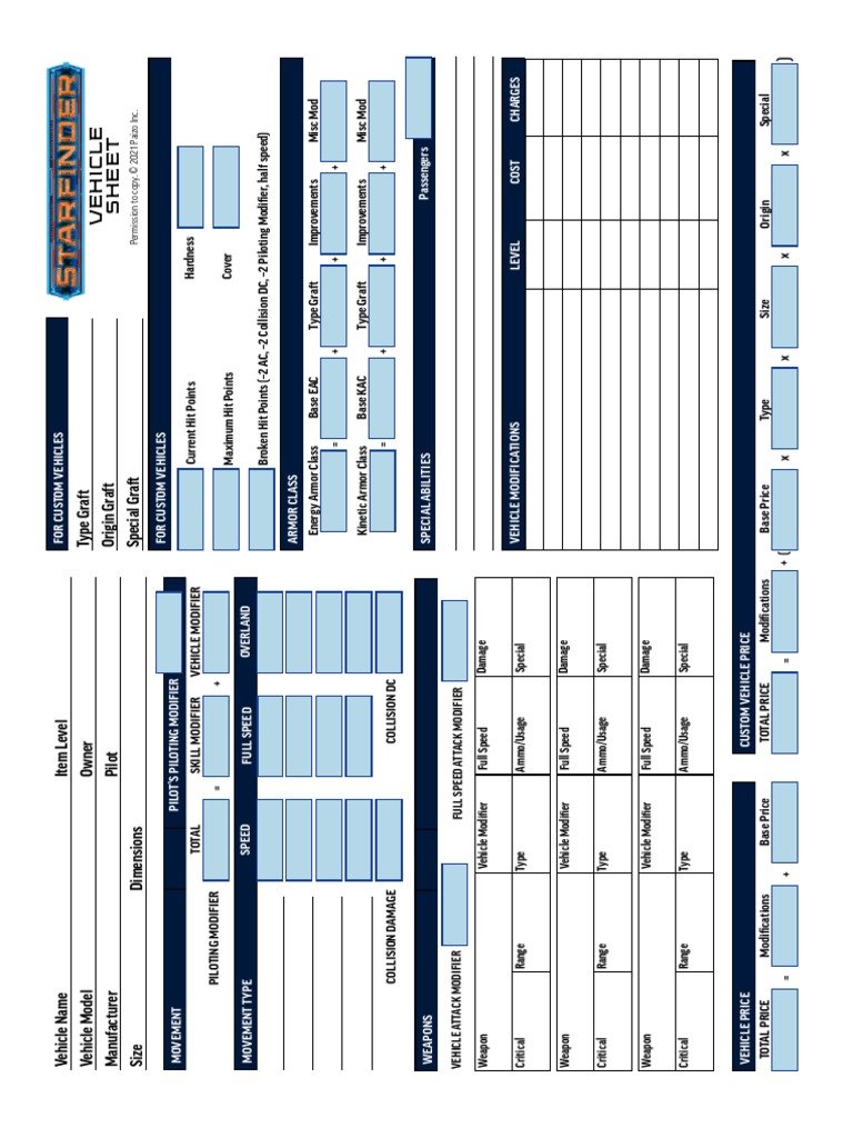 Starfinder VehicleSheet | PDF | Ammunition | Vehicles
