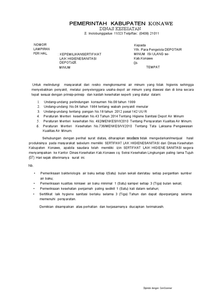 Surat Edaran Depot Air Minum | PDF