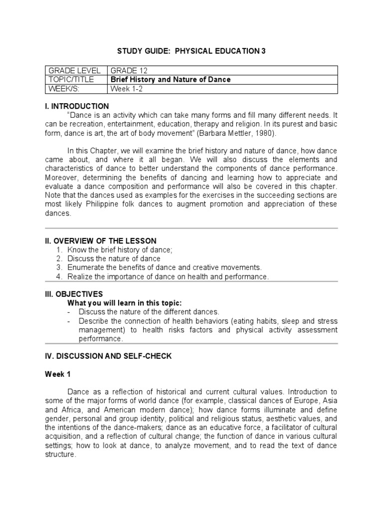 Study Guide: Physical Education 3 Brief History and Nature of Dance ...