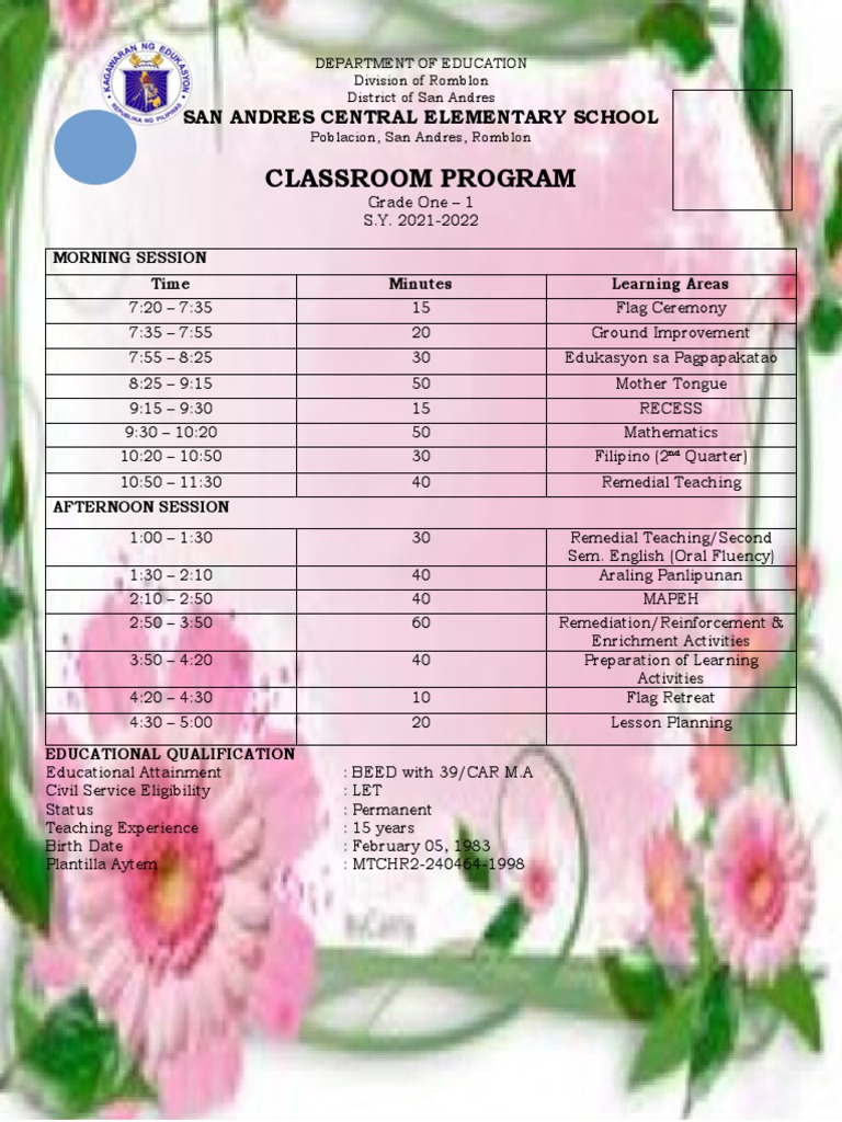 Classroom Program: San Andres Central Elementary School | PDF ...