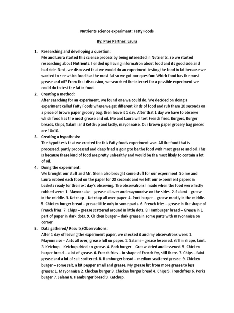Nutrients Science Experiment Fatty Foods - Science Report Prae | PDF ...