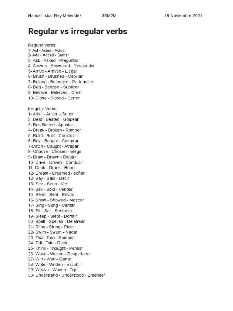 Regular vs Irregular Verbs List | PDF