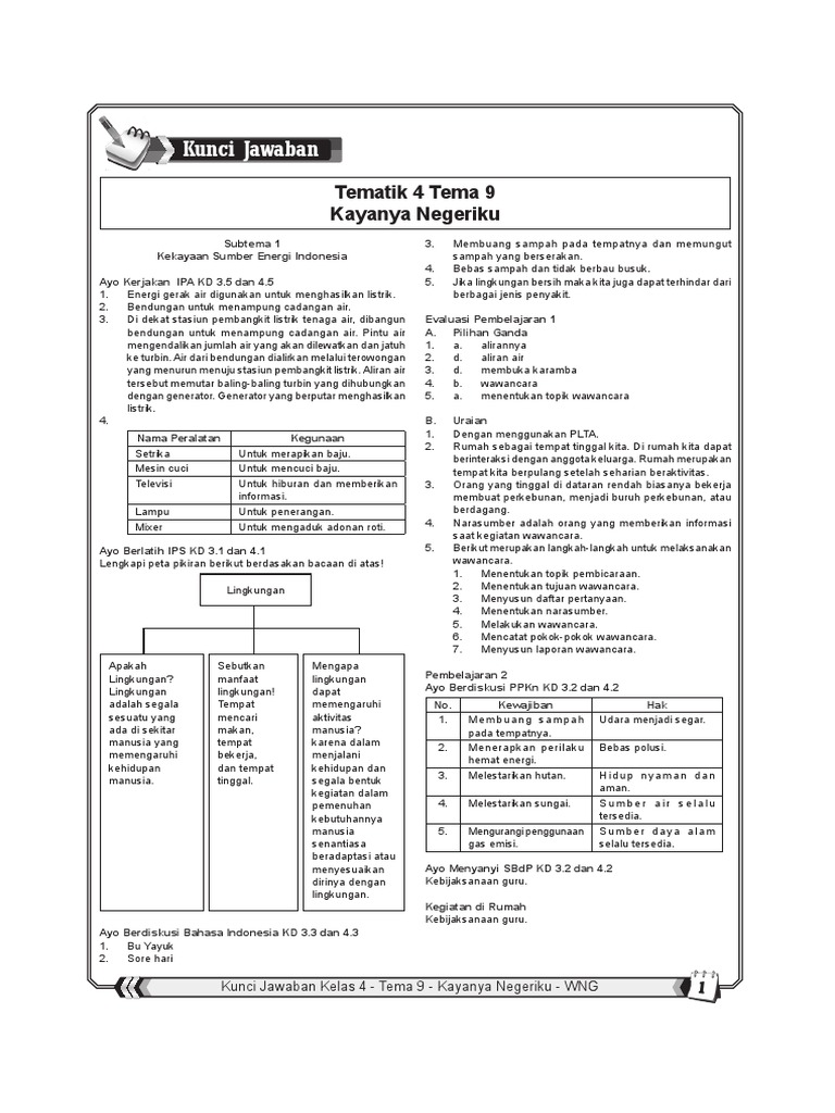 Kunci Jawaban Tematik 4 Tema 9 Kayanya Negeriku | PDF