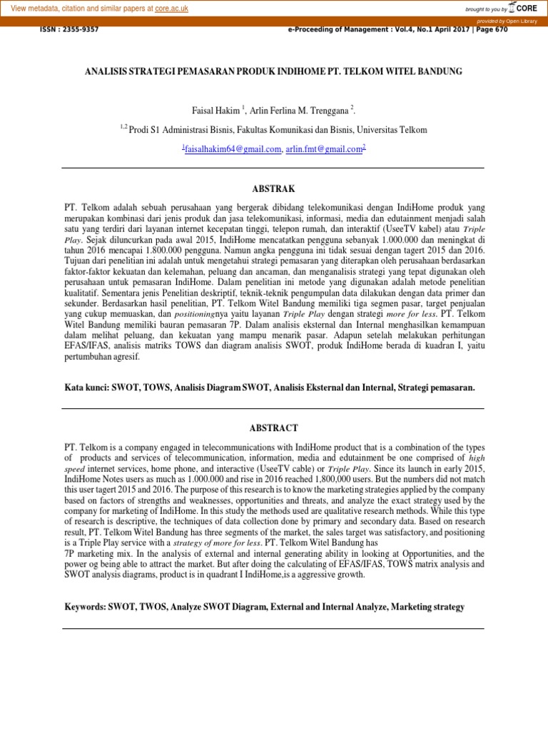 Analisis Strategi Pemasaran Produk Indihome Pt. Telkom Witel Bandung | PDF | Bisnis