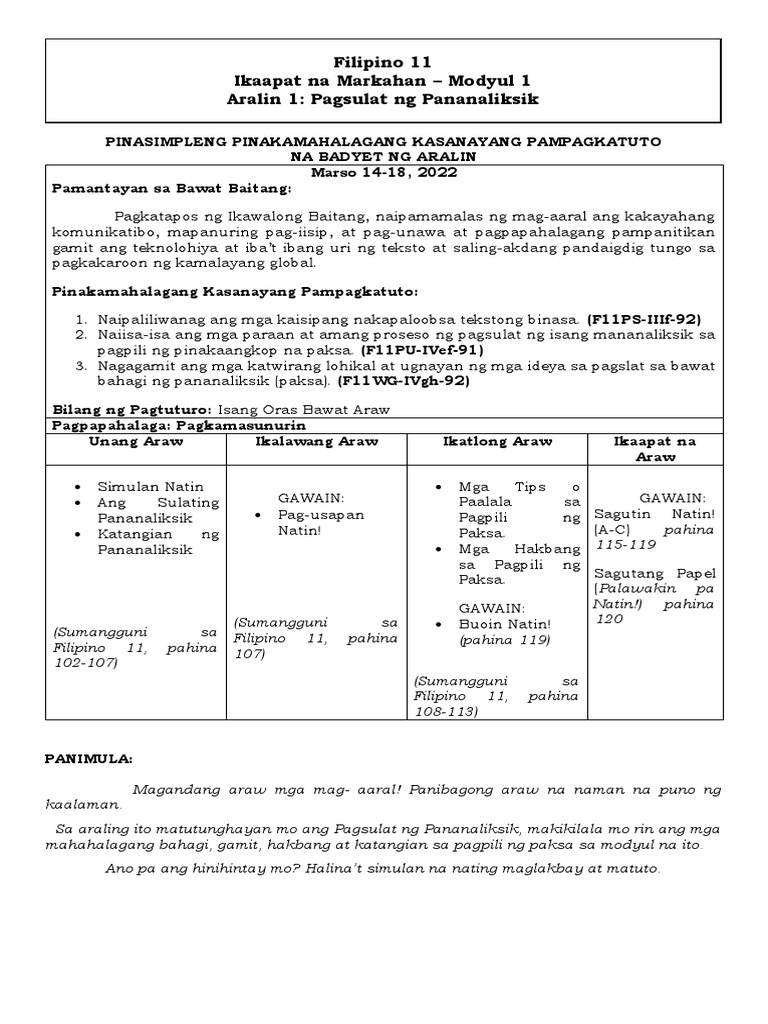 Filipino 11 - Modyul | PDF