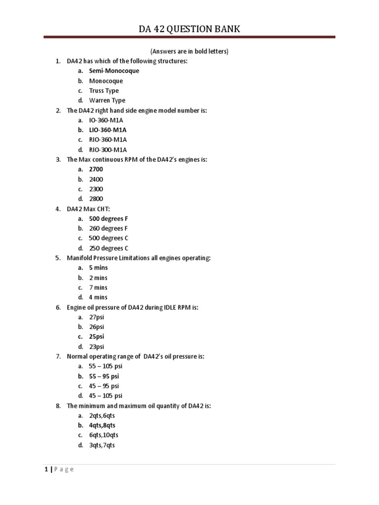 Da 42 Question Bank: A. Semi-Monocoque | PDF | Horsepower | Landing Gear