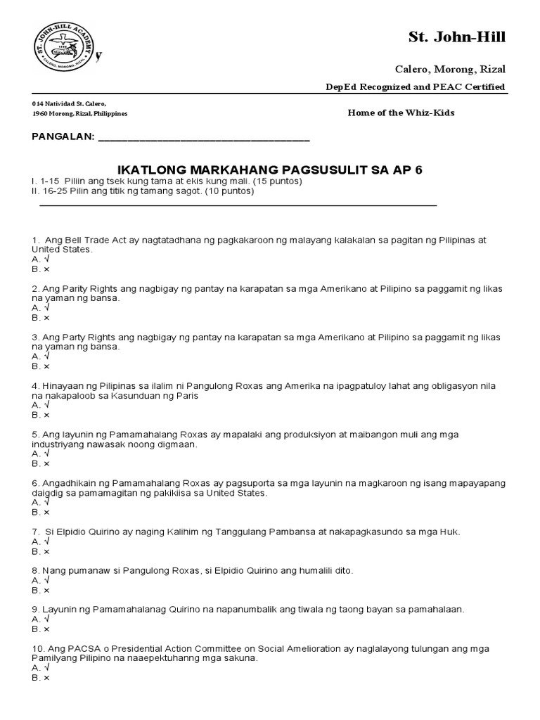 Ikatlong Markahang Pagsusulit Sa Ap 6 | PDF