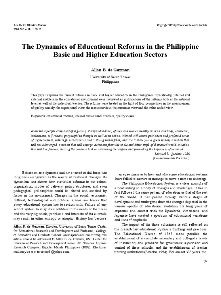 The Dynamics of Educational Reforms in The Philippine Basic and Higher ...
