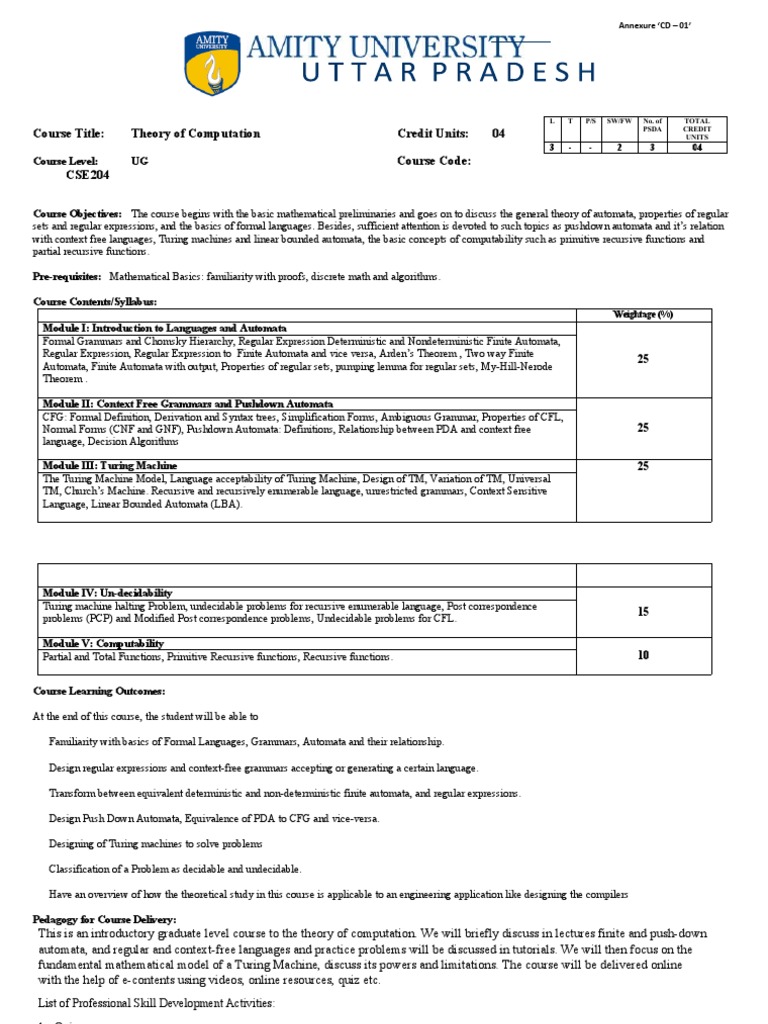 Course Title Theory Of Computation Credit Units 04 Course Code Cse204 Pdf Theory Of