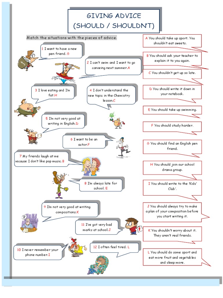 Giving Advice (Should / Shouldn'T) : Match The Situations With The ...
