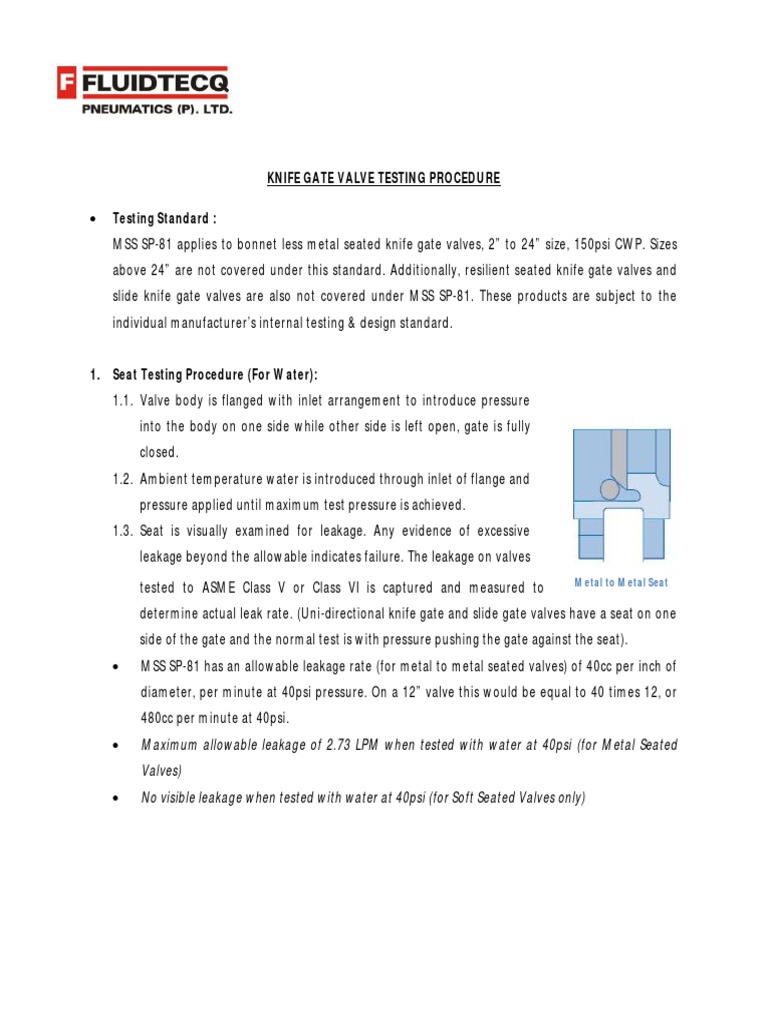 Knife Gate Valve Testing Procedure | PDF | Valve | Pressure