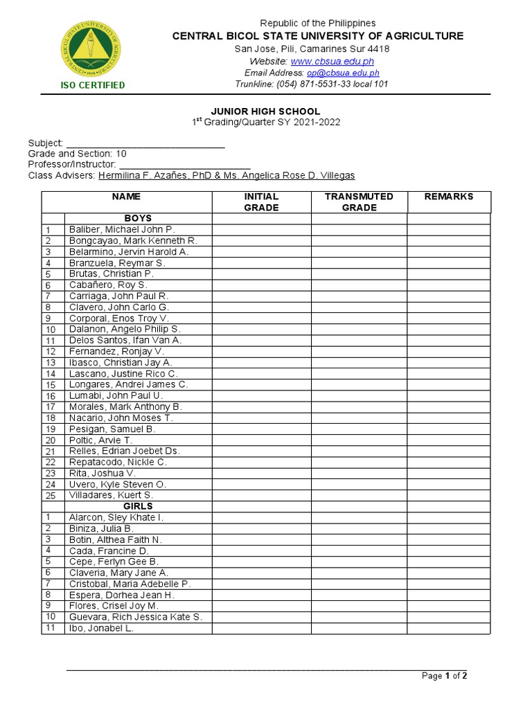 Grade 10 LHS Grading Sheet | PDF