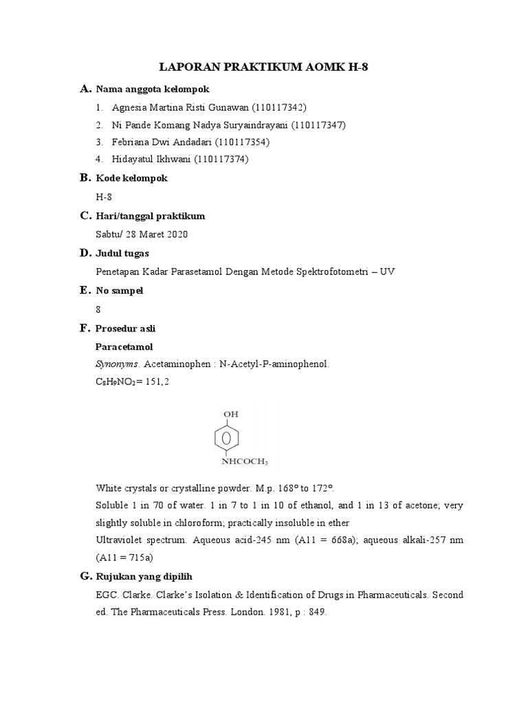 Laporan AOMK H-8 Paracetamol Spektrofotometri UV | PDF