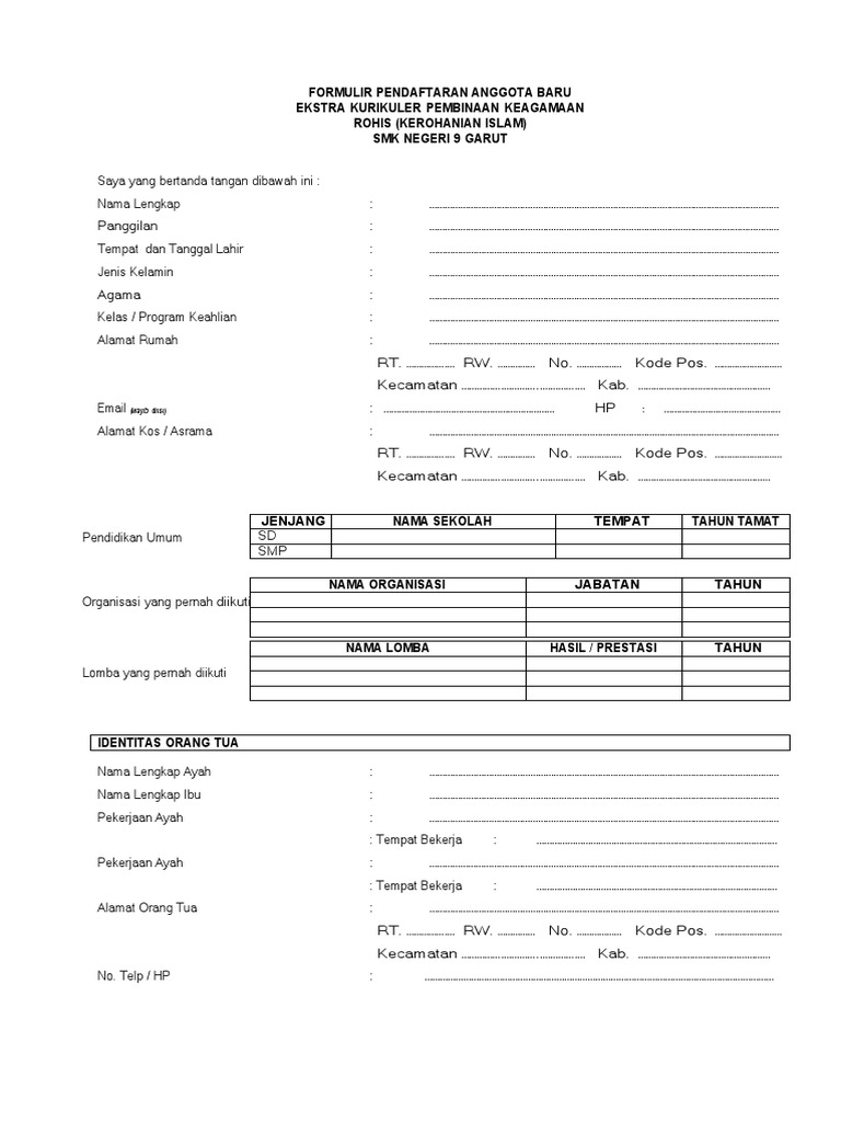 Formulir Pendaftaran Ekskul Rohis PDF Free | PDF