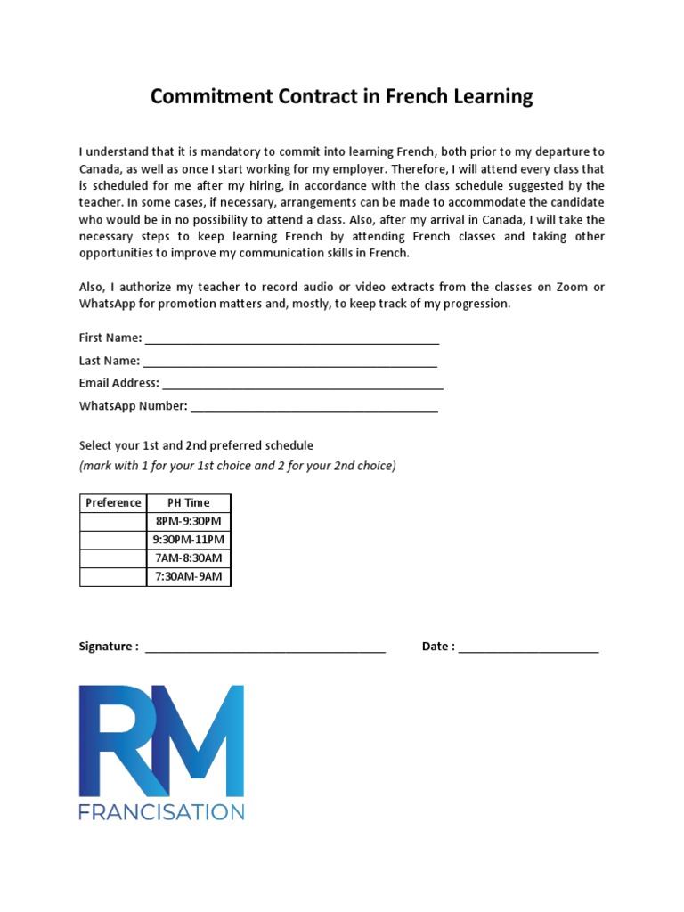 French Learning Commitment Contract | PDF