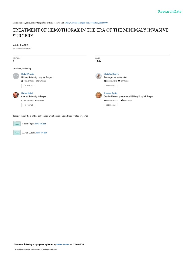 Treatment of Hemothorax in The Era of The Minimaly | PDF | Medical ...