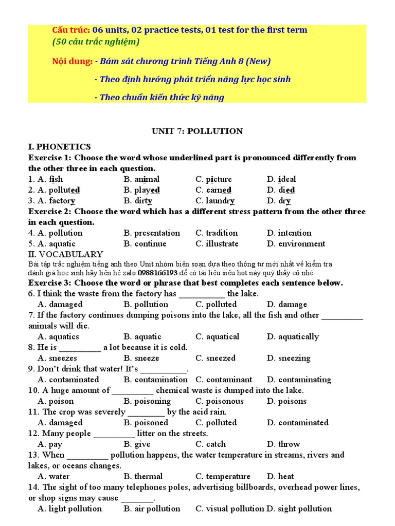 TA Lop 8 BT Trac Nghiem Theo Unit E8 TN50 UNIT 7 20202021 | PDF | Pollution | Water Pollution