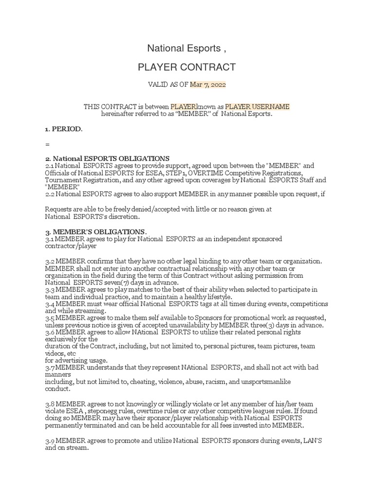 National Esports, Player Contract: 1. Period | PDF | Civil Law (Legal ...