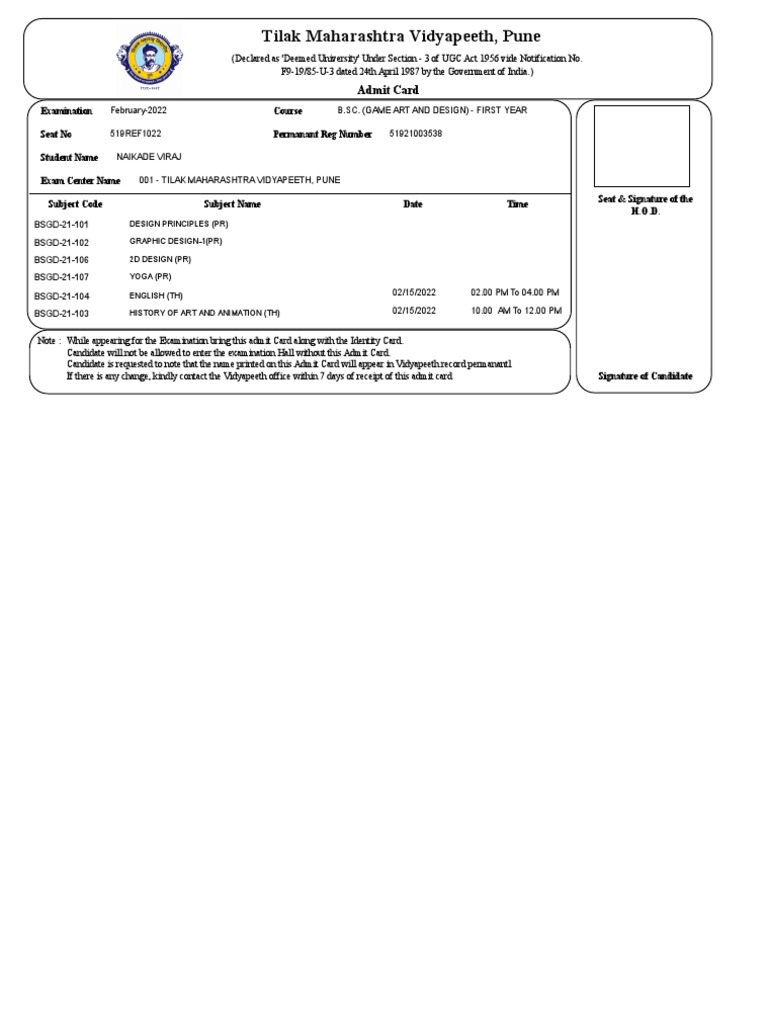 Tilak Maharashtra Vidyapeeth, Pune: Admit Card | PDF