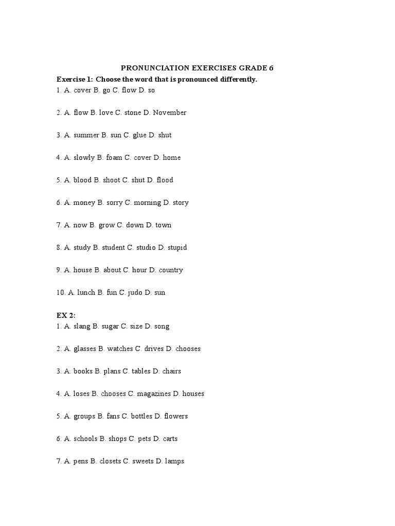 Pronunciation Exercises Grade 6 | PDF