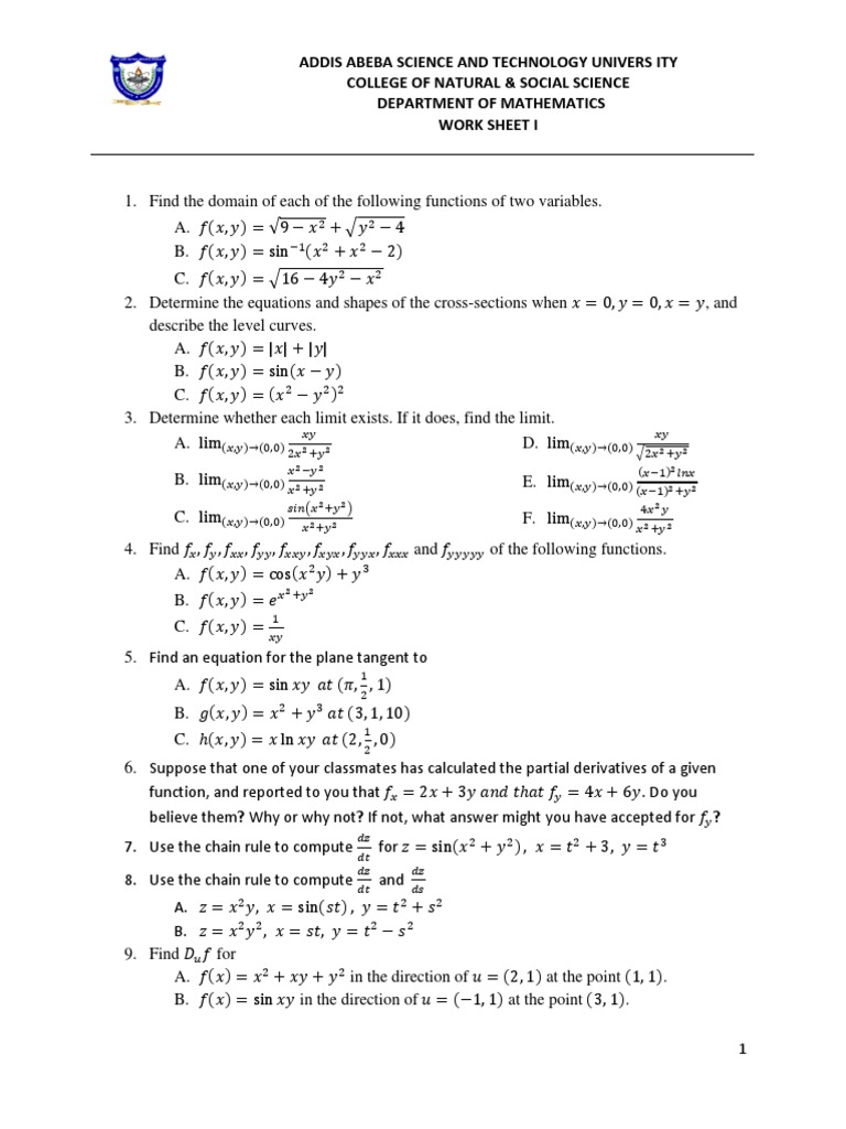 Chapter-1 Worksheet On Function of Several Variables | PDF