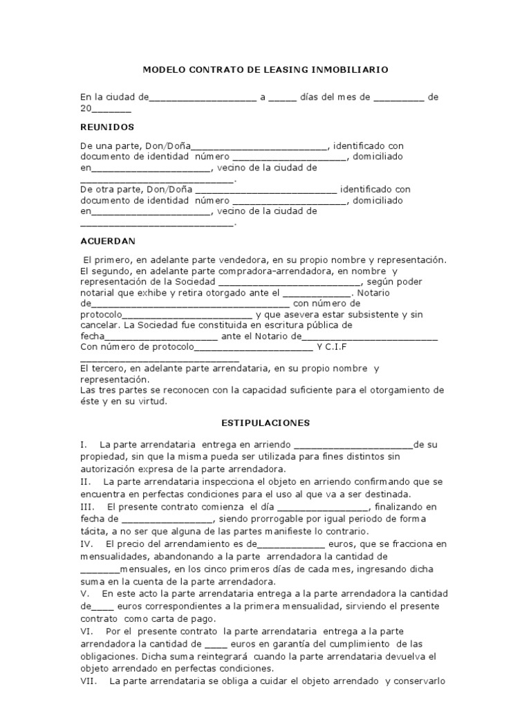 Modelo Contrato de Leasing rio | Arrendamiento | Alquiler