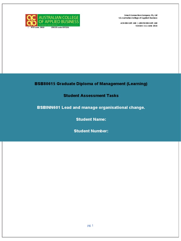 GDML - BSBINN601 Student Assessment Tasks 30 06 2021 - Amended - NI | PDF | Change Management ...