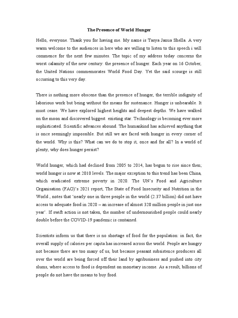 The Presence of World Hunger Speech | PDF | Hunger | Malnutrition