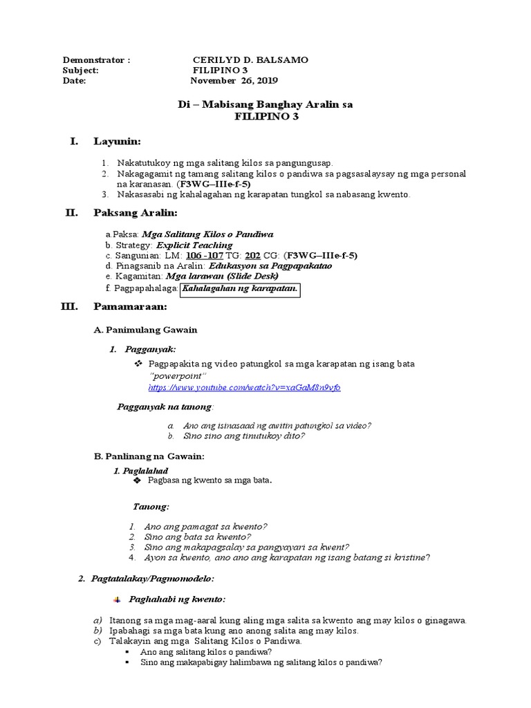 Cot Banghay Aralin Sa Fil3 Third Grading Pandiwa | PDF