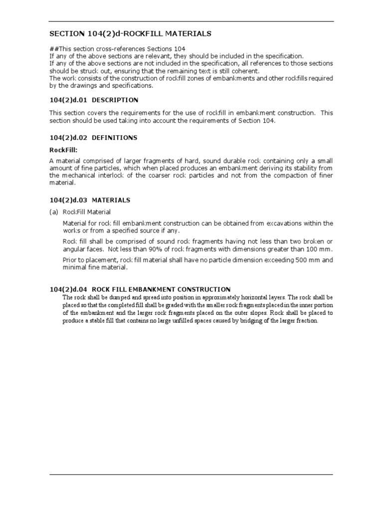 Technical Specificatios DPWH Item 104 (2) D-Rock Fill Materials | PDF
