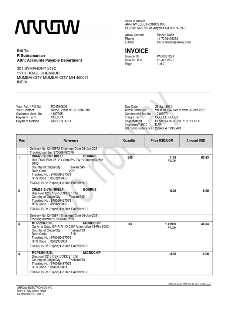 ARROW Order # WEB-SO24774805 Has An Invoice WI00361291 | PDF ...