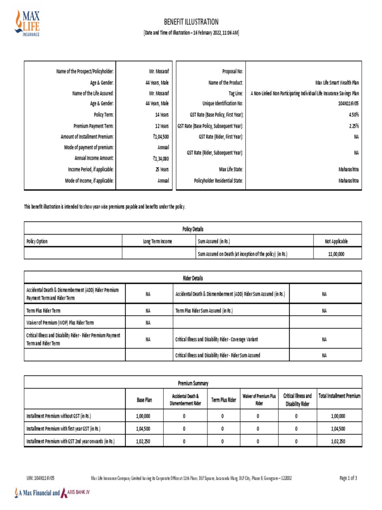 Max Life Insurance Benefit Illustration | PDF | Insurance | Life Insurance