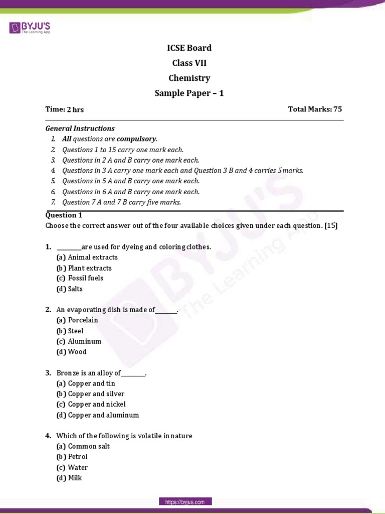 ICSE Class 7 Chemistry Sample Paper Set 1 | PDF | Oxide | Nature