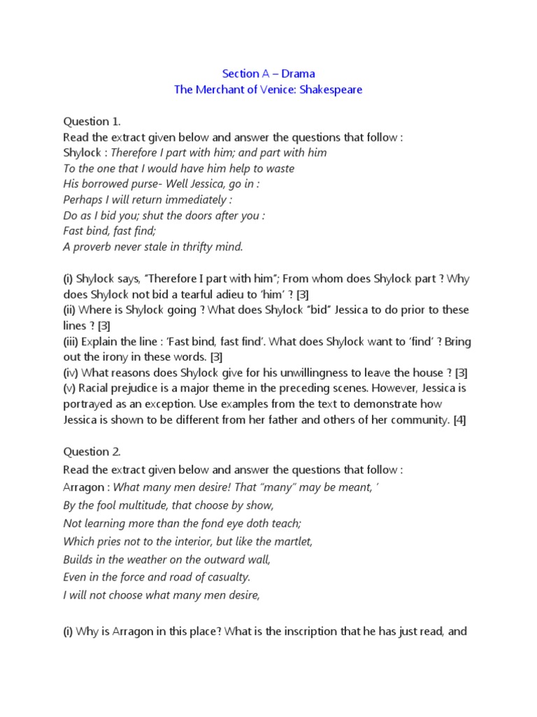 Section A - Drama The Merchant of Venice: Shakespeare | PDF | The ...