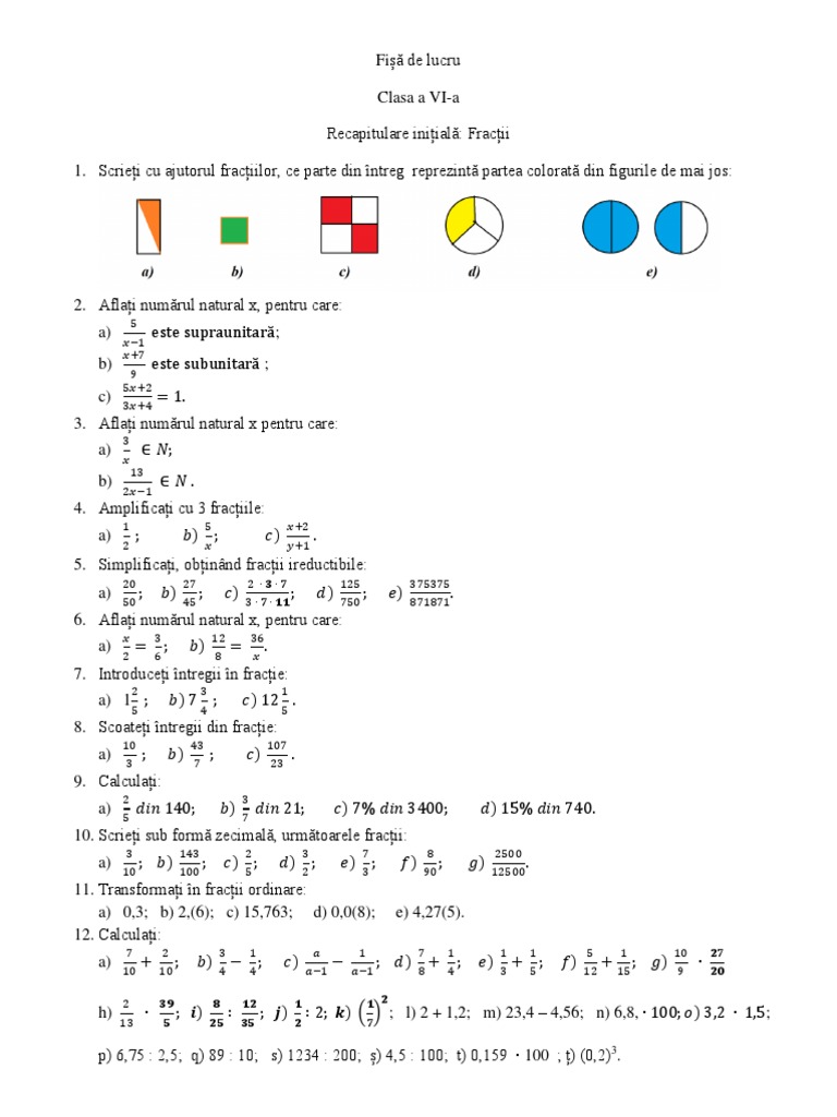 Fisa de Lucru Recapitulare Initiala 2 Clasa A Via. Fractii | PDF