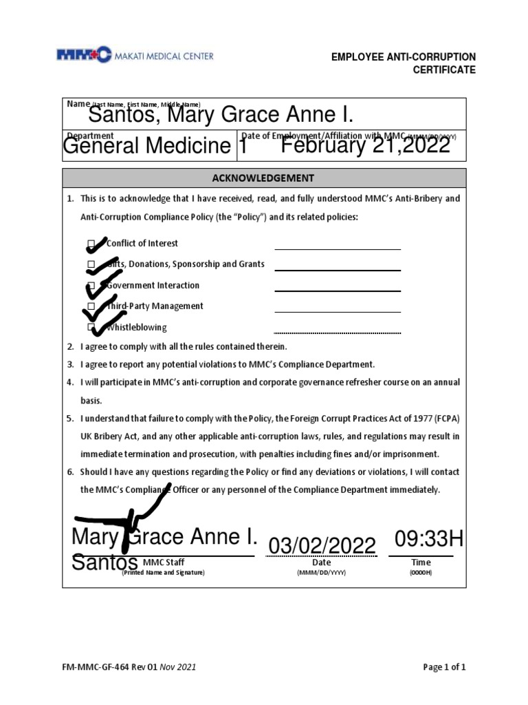 Appendix A Employee Anti-Corruption Certificate | PDF