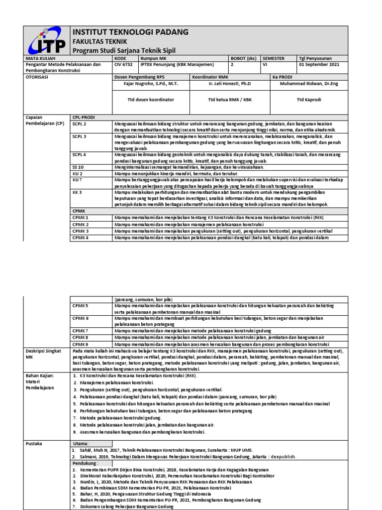 RPS Pengantar Metode Pelaksanaan Dan Pembongkaran Konstruksi | PDF