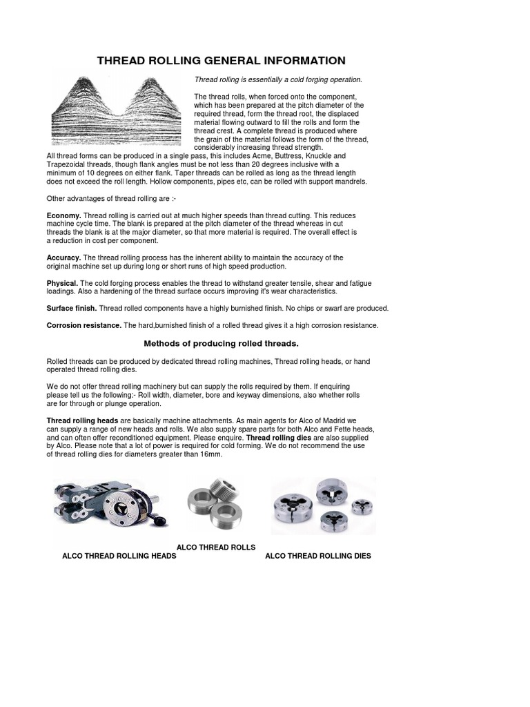 Thread Rolling General Information: Thread Rolling Is Essentially A ...