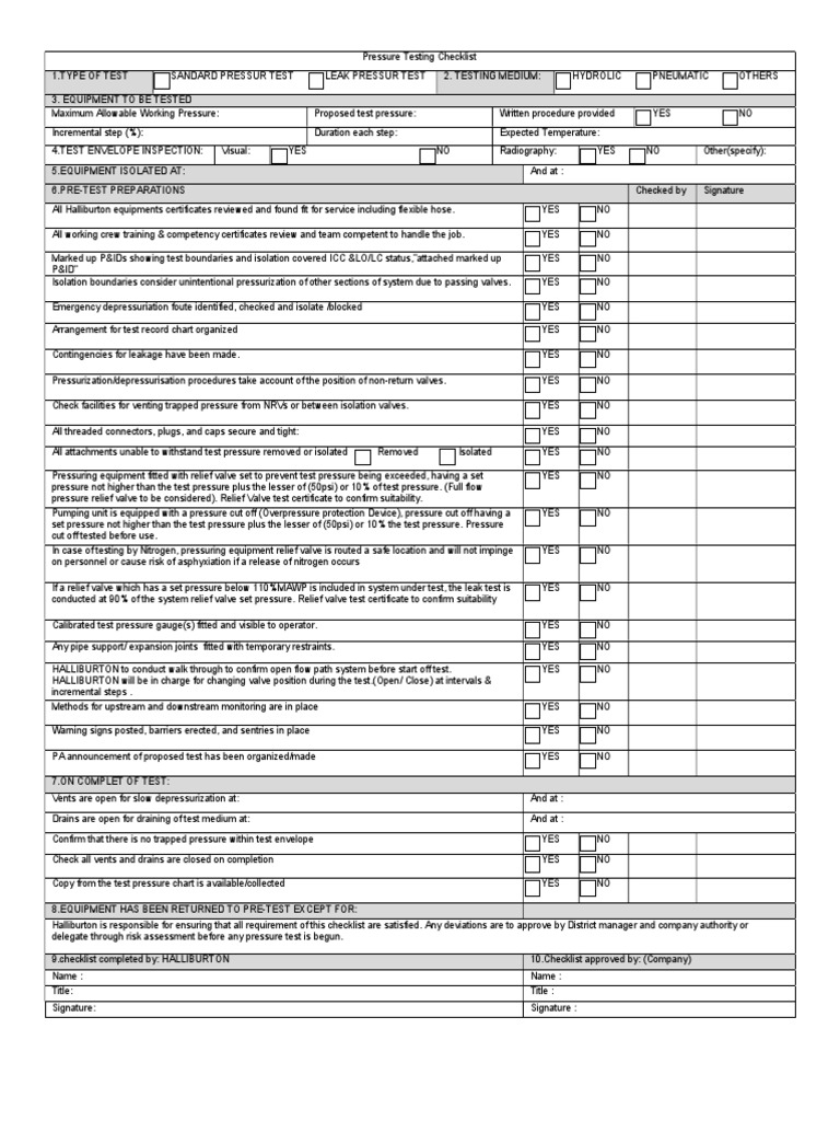 Pressure Testing Safety Checklist | PDF | Valve | Mechanical Engineering