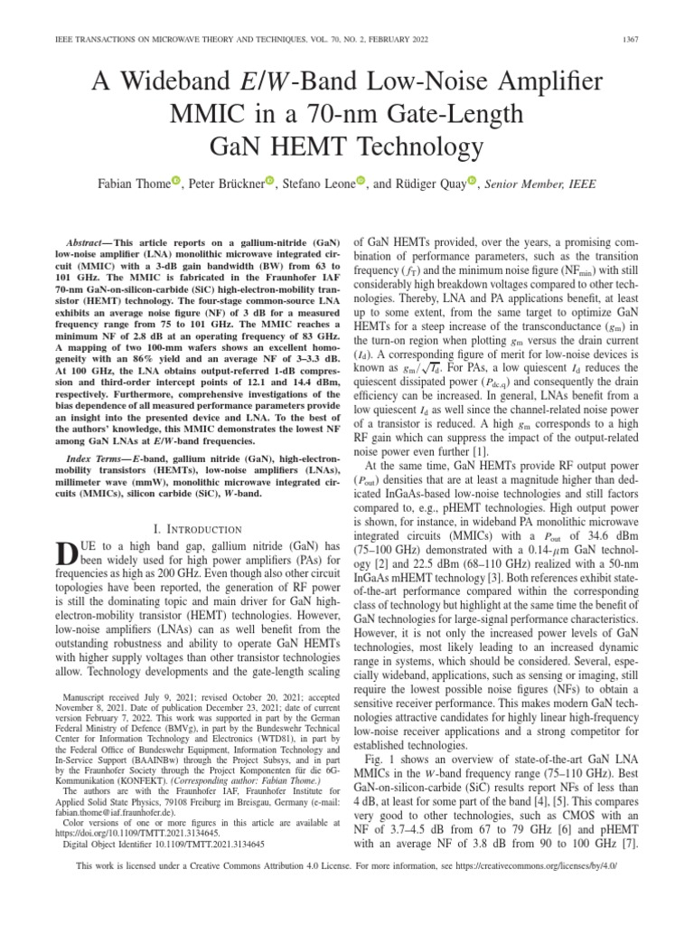 A Wideband E/W - Band Low-Noise Amplifier Mmic in A 70-Nm Gate-Length ...
