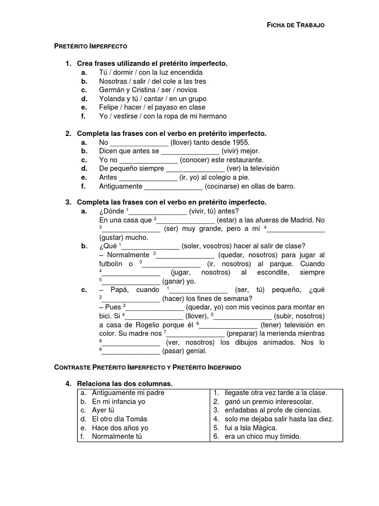 Hojas De Trabajo Para Practicar El Pretérito Frente Al Imperfecto El
