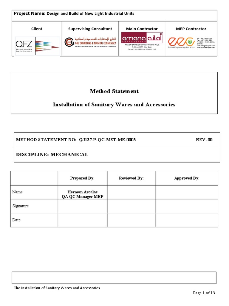 Sanitary Wares Installation Method Statement | PDF | Sink | Tap (Valve)