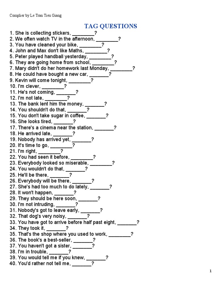 Tag Questions Grammar Drills - 117593 | PDF
