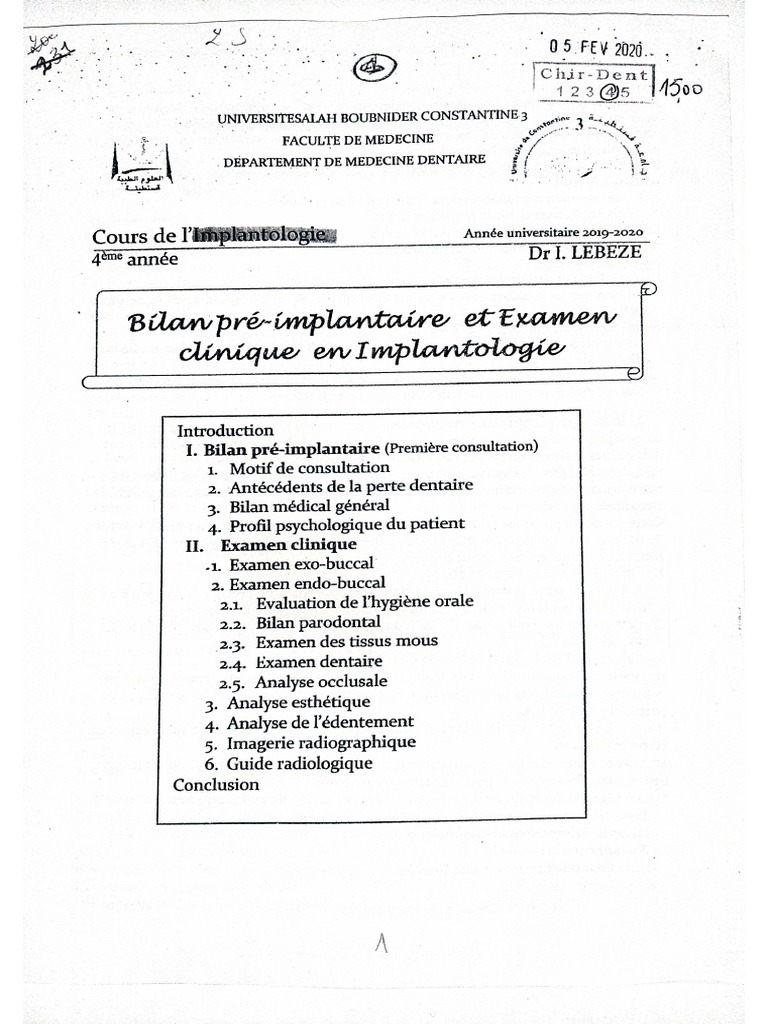 Bilan Pré-Implantaire Et Examen Clinique | PDF