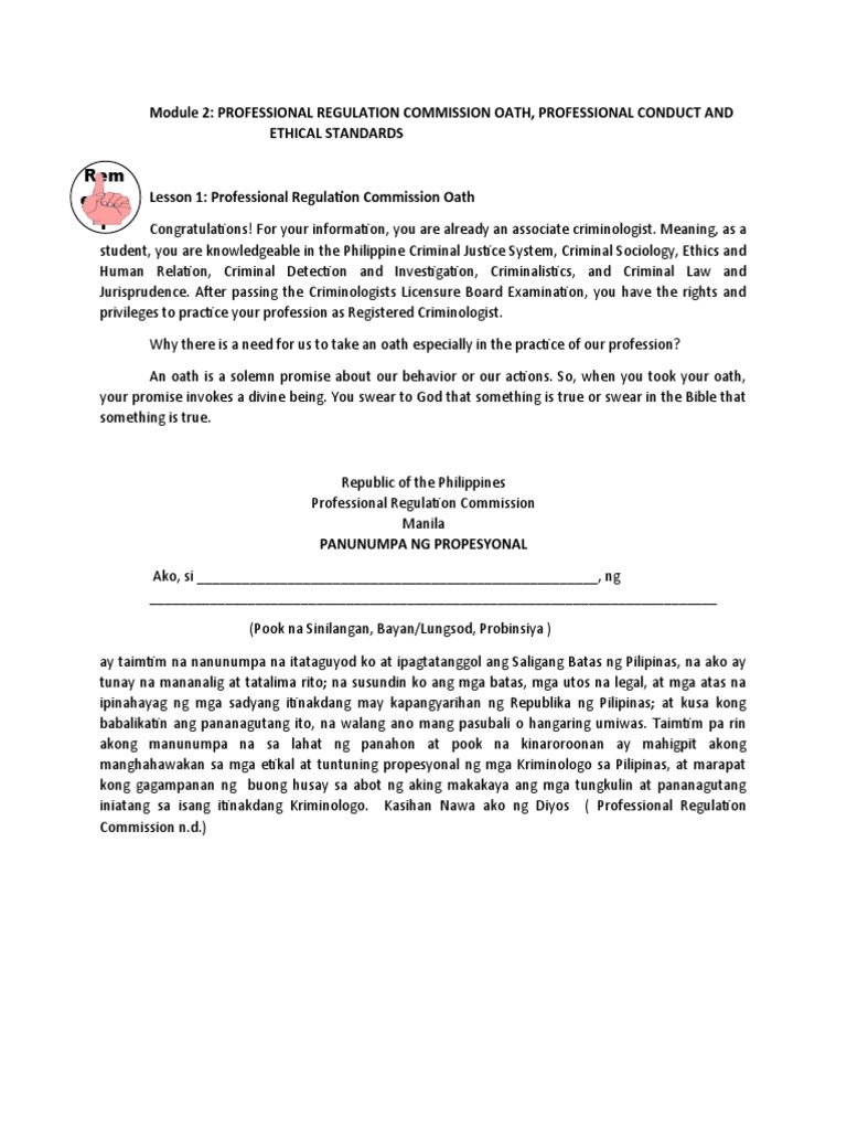 Module 2 PRC OATH, PC&ES | PDF | Oath Of Office | Ethical Principles