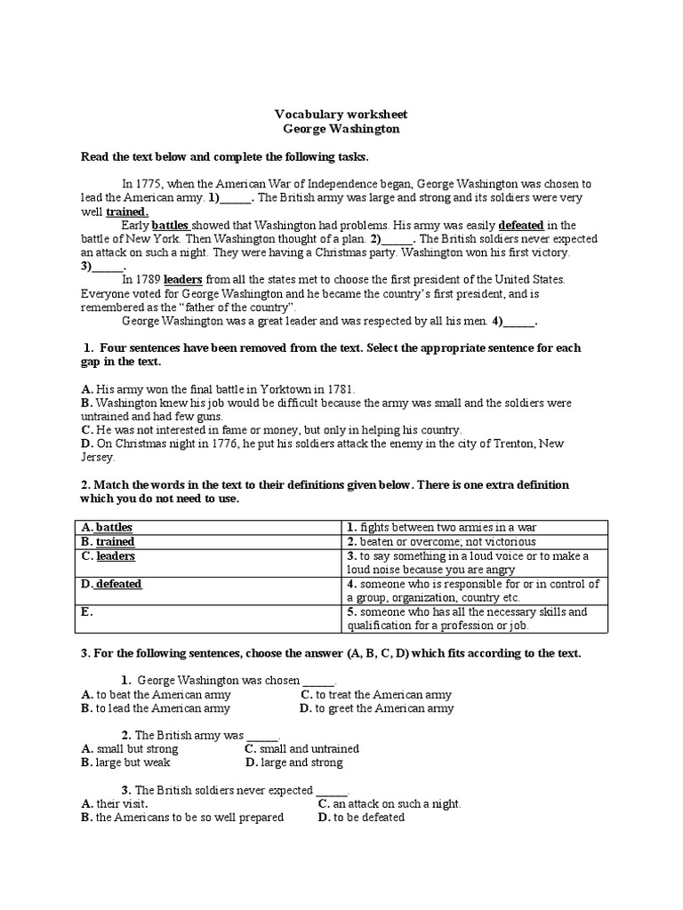Vocabulary Worksheet George Washington | PDF | George Washington | Military