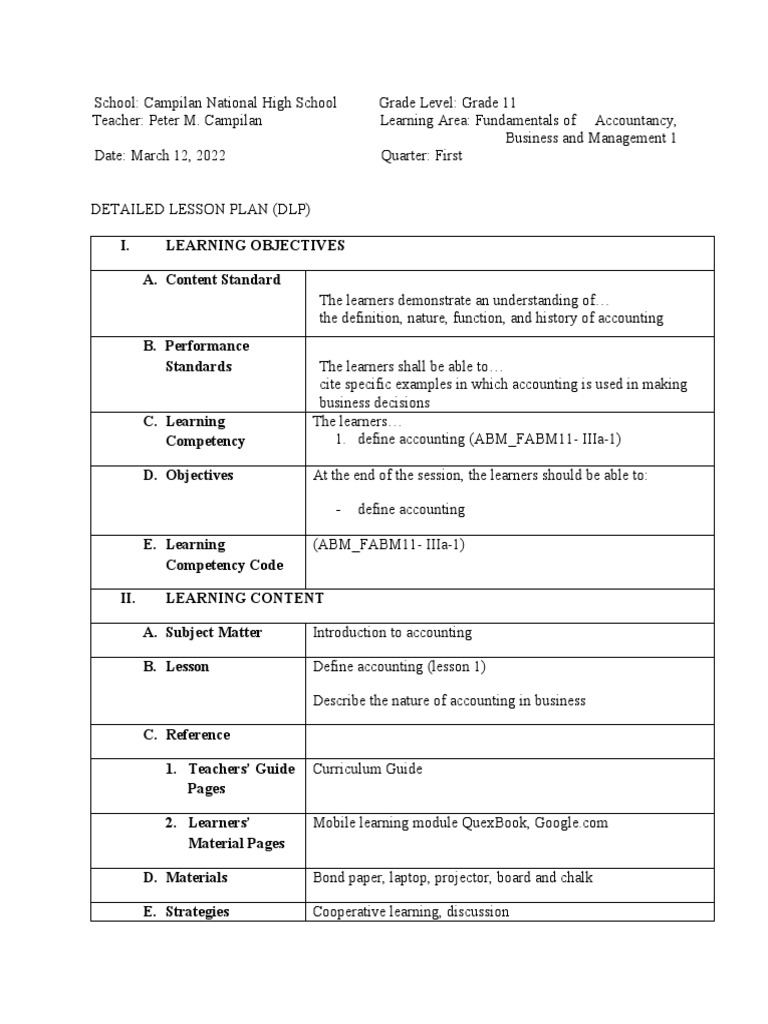 Detailed Lesson Plan For ABM 1 | PDF | Career & Growth | Business