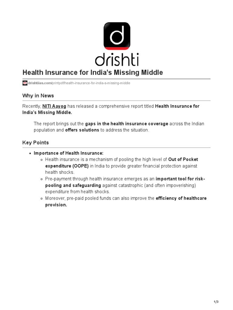 Health Insurance For India's Missing Middle: Why in News | PDF ...