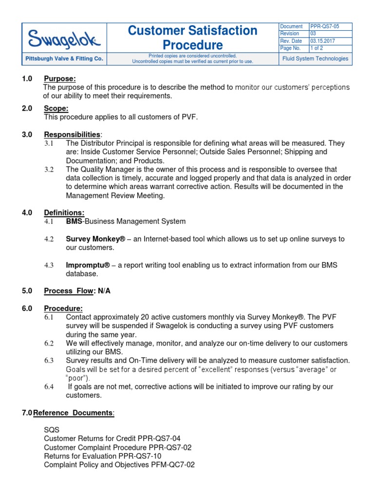 Customer Satisfaction Procedure (Swagelog) | PDF | Customer ...
